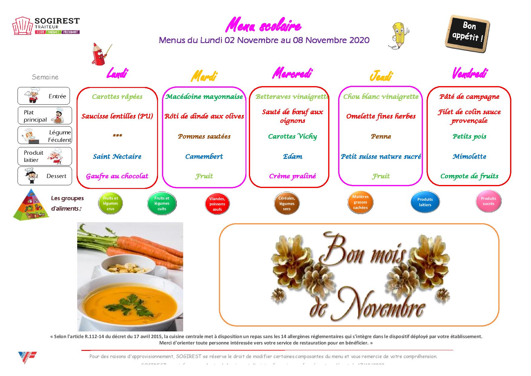 Menus de la cantine du 2 au 6 novembre – NOTRE DAME DE ROMORANTIN